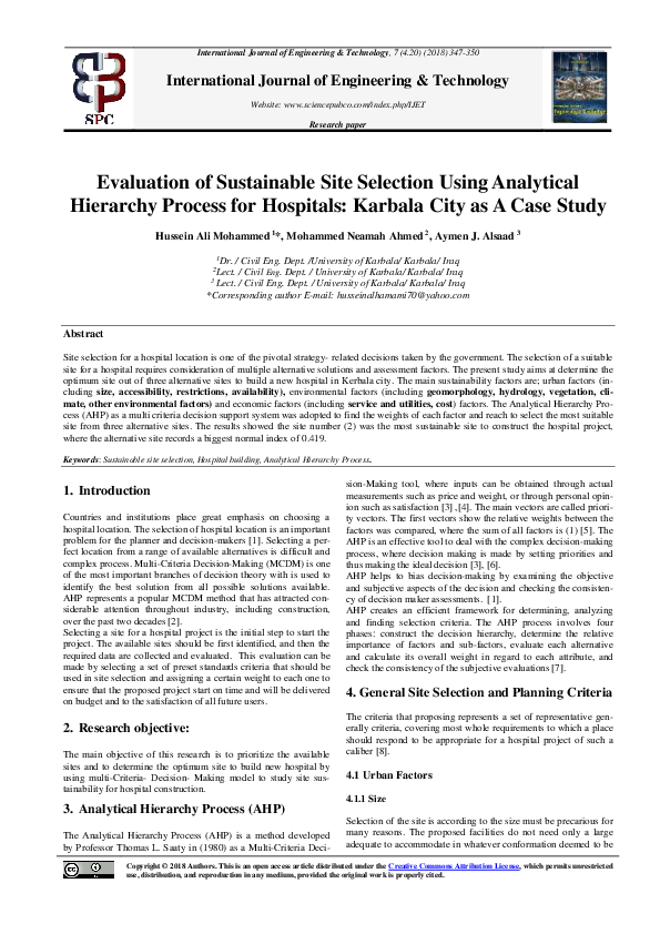 Pdf Evaluation Of Sustainable Site Selection Using Analytical Hierarchy Process For Hospitals
