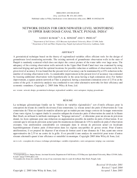 (PDF) Network design for groundwater level monitoring in Upper Bari ...