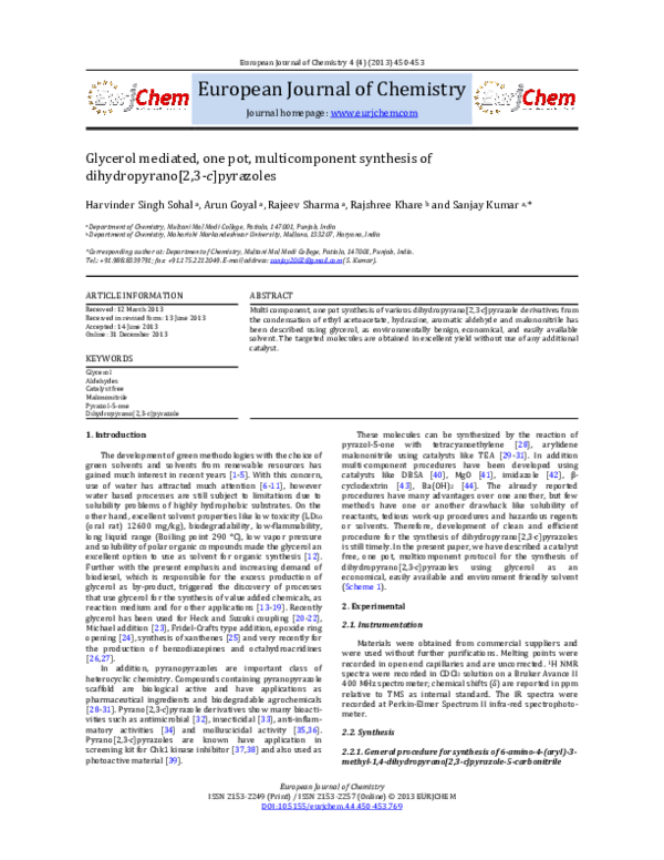 (PDF) Glycerol mediated, one pot, multicomponent synthesis of dihydropyrano[2,3-c]pyrazoles
