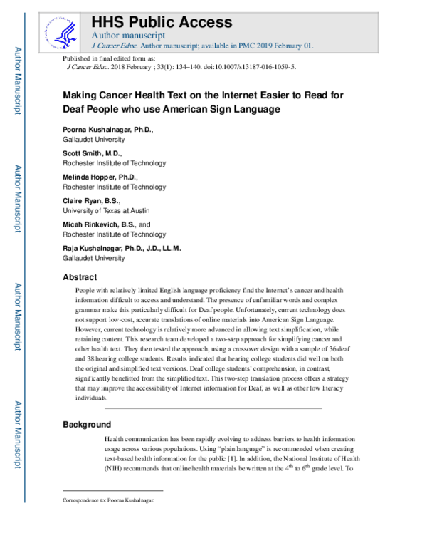 (PDF) Making Cancer Health Text on the Internet Easier to Read for Deaf ...