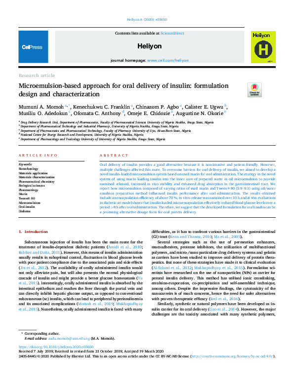 Pdf Microemulsion Based Approach For Oral Delivery Of Insulin Formulation Design And