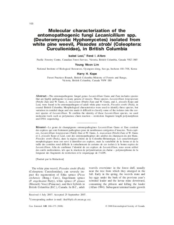 (PDF) Molecular characterization of the entomopathogenic fungi Lecanicillium spp. (Deuteromycota ...