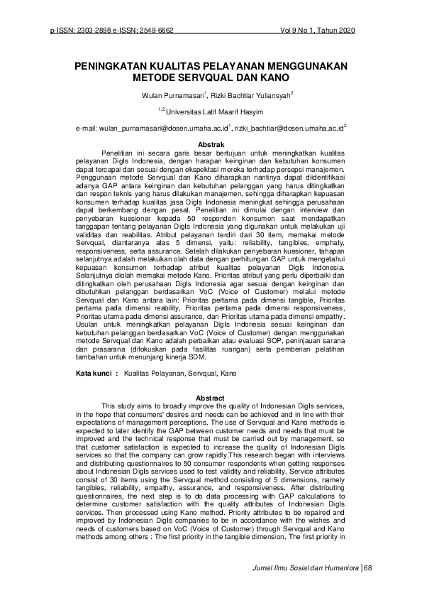 (PDF) Peningkatan Kualitas Pelayanan Menggunakan Metode Servqual Dan Kano