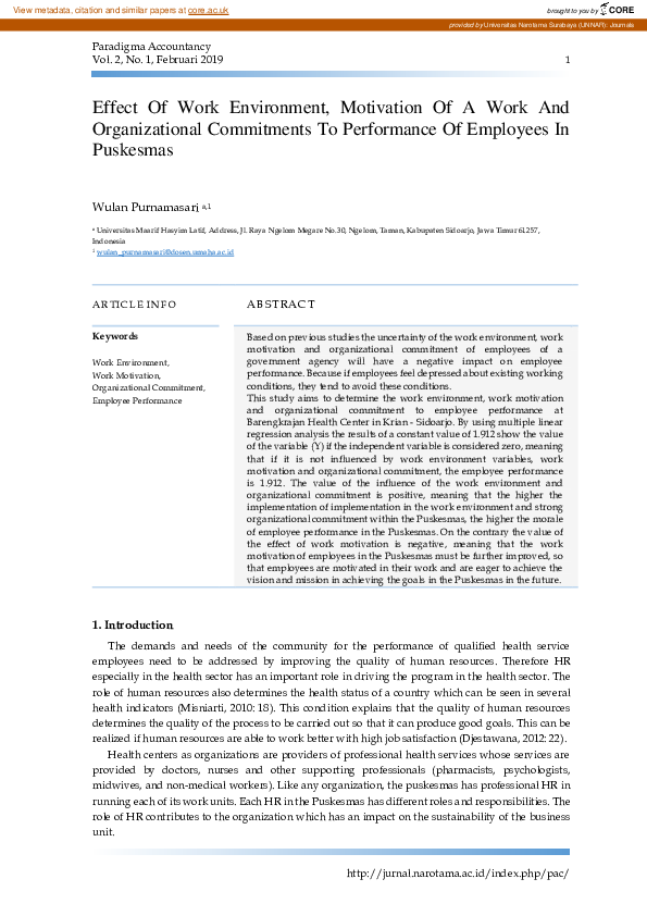 (PDF) Effect Of Work Environment, Motivation Of A Work And Organizational Commitments To ...
