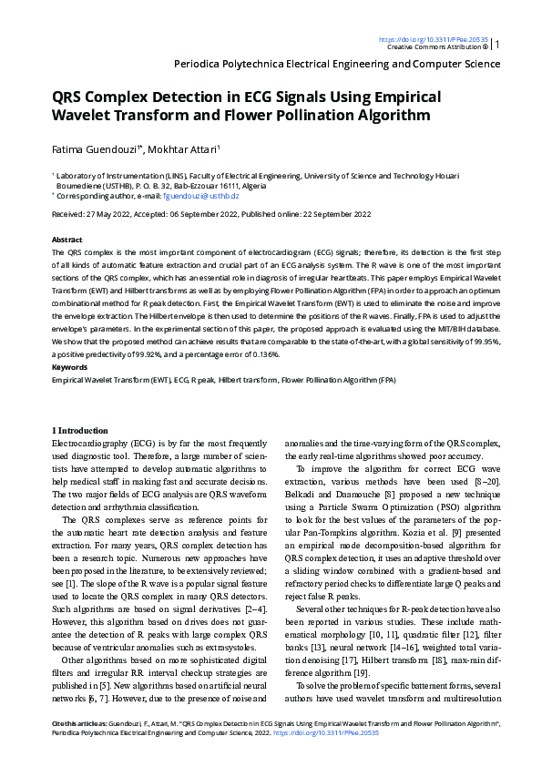 Pdf Qrs Complex Detection In Ecg Signals Using Empirical Wavelet Transform And Flower