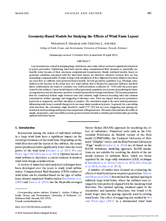 (PDF) Geometry-Based Models for Studying the Effects of Wind Farm Layout