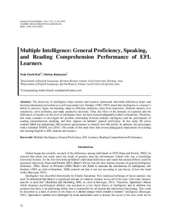 (PDF) Multiple Intelligence: General Proficiency, Speaking, and Reading Comprehension ...