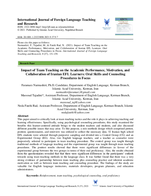 (PDF) Impact of Team Teaching on the Academic Performance, Motivation, and Collaboration of ...