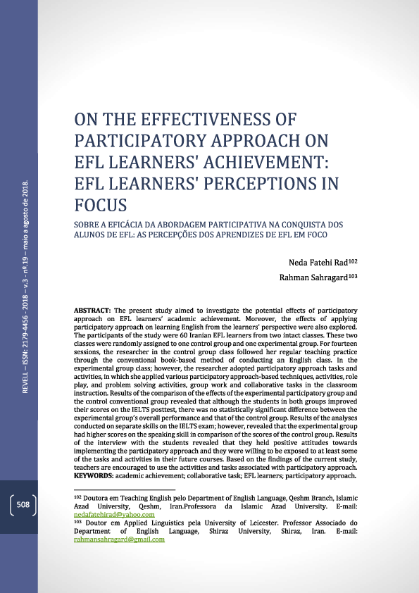 (PDF) On the Effectiveness of Participatory Approach on EFL Learners' Achievement: EFL Learners ...