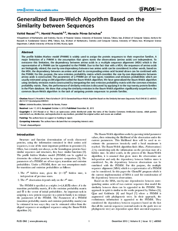 Pdf Generalized Baum Welch Algorithm Based On The Similarity Between Sequences Hamid Pezeshk 