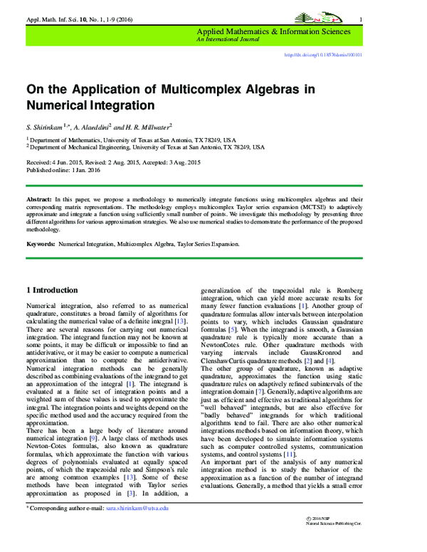 (PDF) On the Application of Multicomplex Algebras in Numerical Integration