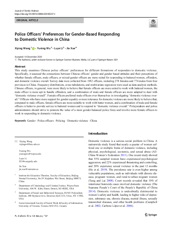 (PDF) Police Officers’ Preferences for Gender-Based Responding to Domestic Violence in China