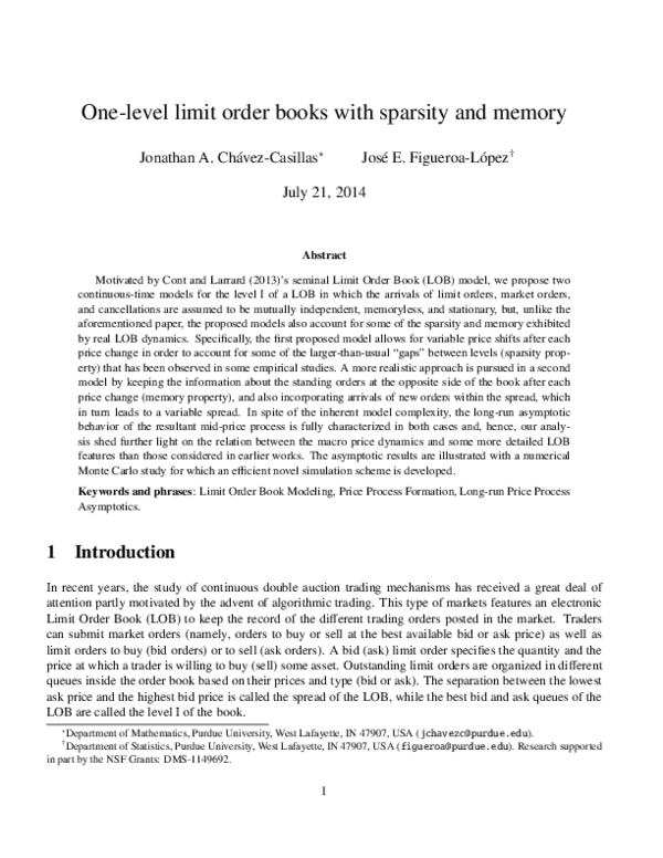 (PDF) One-level limit order books with sparsity and memory | Jonathan Casillas - Academia.edu