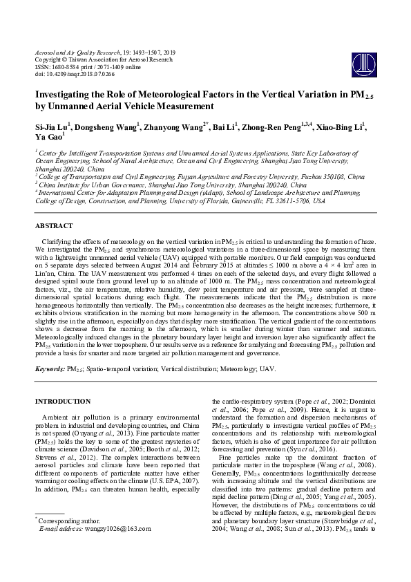 (PDF) Investigating vertical distribution patterns of lower tropospheric PM2.5 using unmanned ...