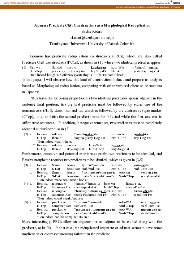 Pdf Japanese Predicate Cleft Constructions As A Morphological Reduplication