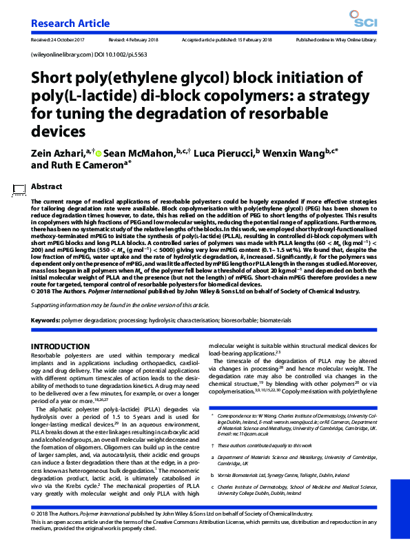(PDF) Short poly(ethylene glycol) block initiation of poly(l -lactide) di-block copolymers: a ...