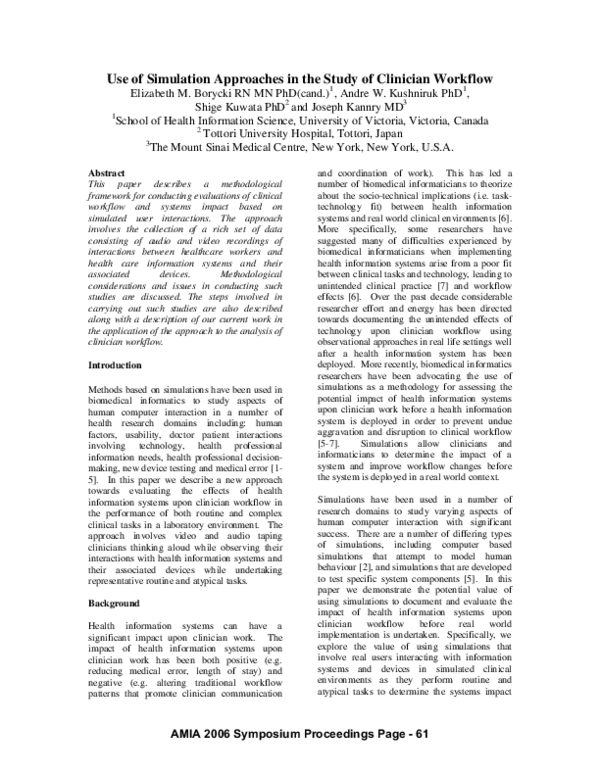 (PDF) Use of Simulation Approaches in the study of Clinician Workflow
