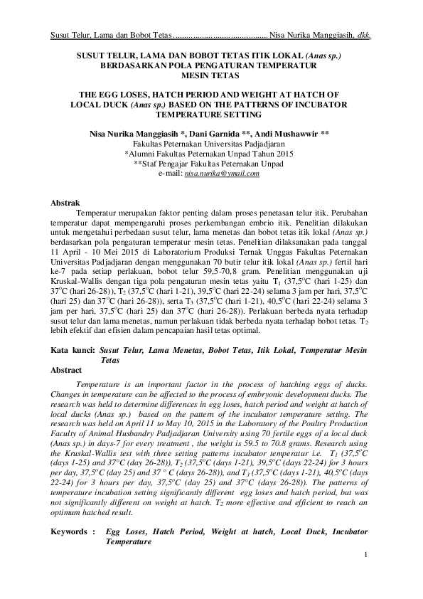 (PDF) SUSUT TELUR, LAMA DAN BOBOT TETAS ITIK LOKAL (Anas sp ...