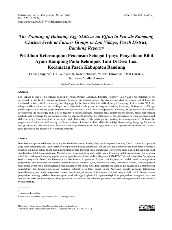 (PDF) The Training of Hatching Egg Skills as an Effort to Provide ...