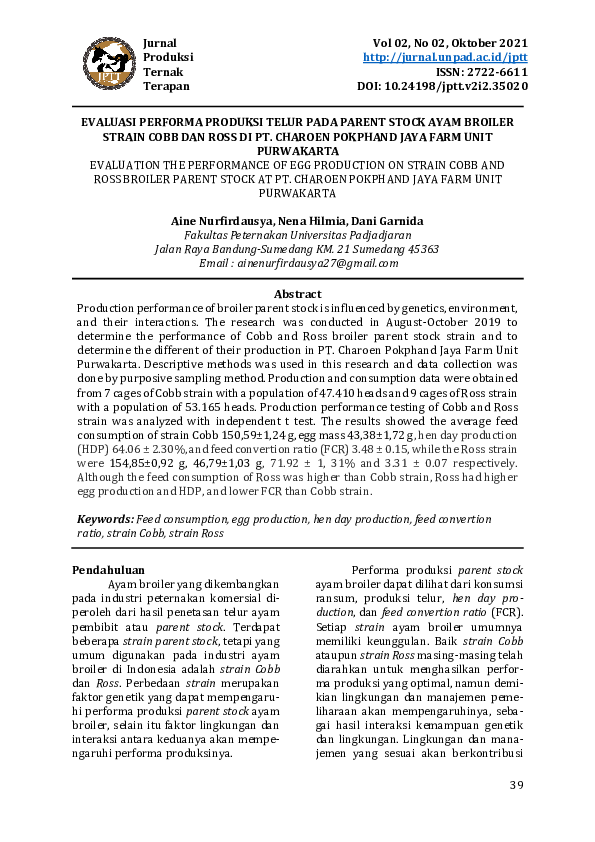 (PDF) Evaluasi Performa Produksi Telur Pada Parent Stock Ayam Broiler ...