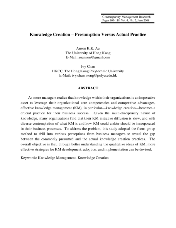 (PDF) Knowledge Creation – Presumption Versus Actual Practice
