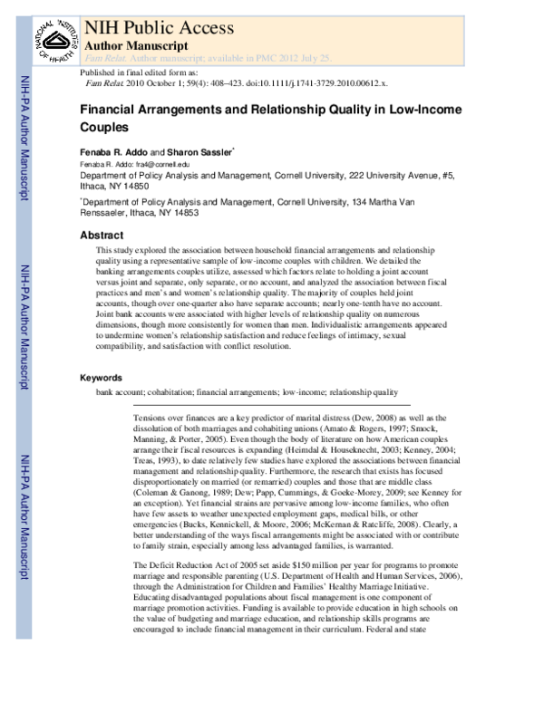 (PDF) Financial Arrangements and Relationship Quality in Low-Income Couples
