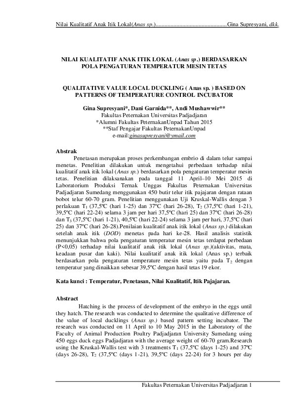 (PDF) NILAI KUANTITATIF ANAK ITIK LOKAL (Anas sp.) BERDASARKAN POLA ...