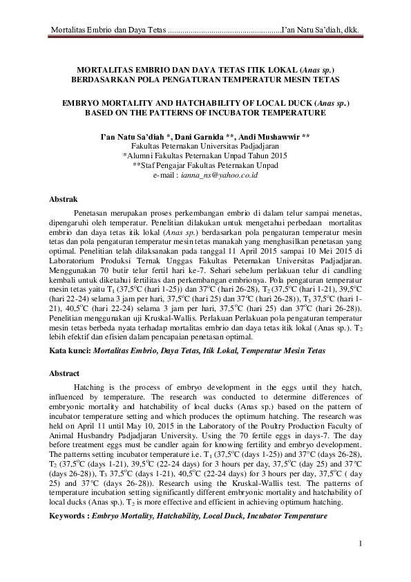 (PDF) MORTALITAS EMBRIO DAN DAYA TETAS ITIK LOKAL (Anas sp ...