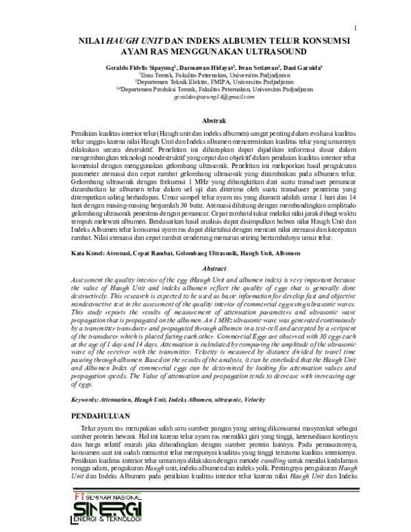 (PDF) Nilai Haugh Unit Dan Indeks Albumen Telur Konsumsi Ayam Ras ...
