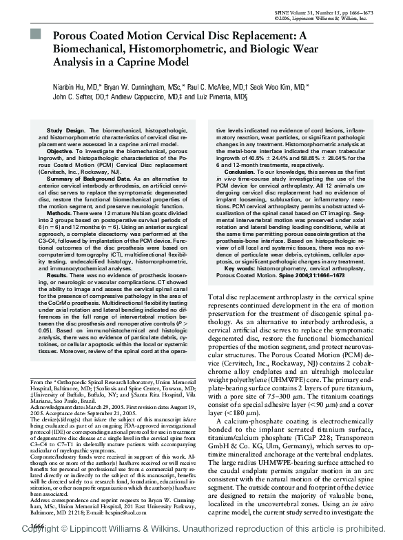(PDF) Porous Coated Motion Cervical Disc Replacement: A Biomechanical ...