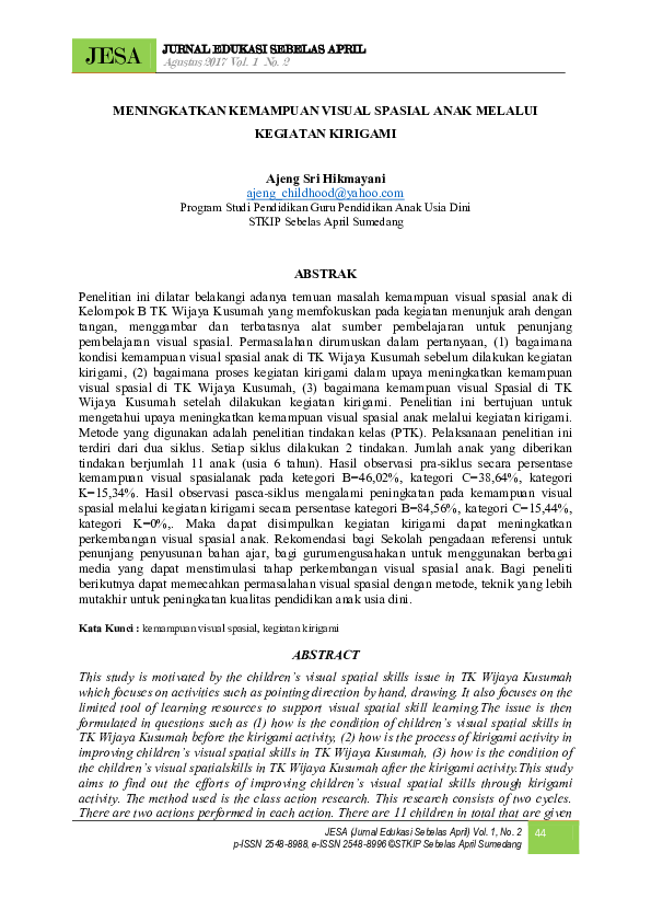 (PDF) Meningkatkan Kemampuan Visual Spasial Anak Melalui Kegiatan Kirigami