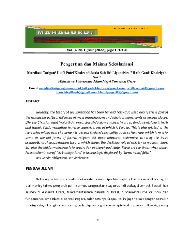 (PDF) Pengertian dan Makna Sekularisasi