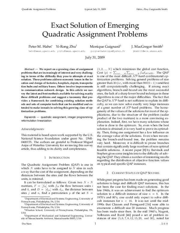 (PDF) Exact solution of emerging quadratic assignment problems