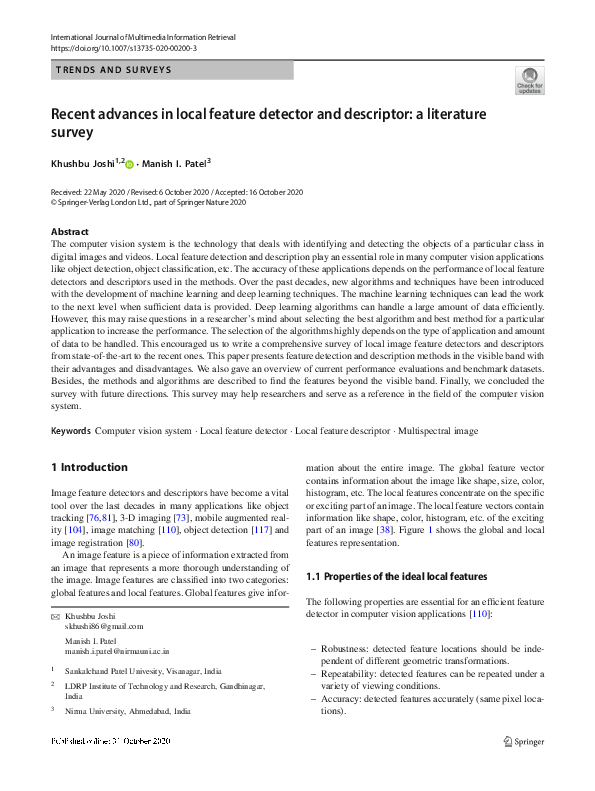 (PDF) Recent advances in local feature detector and descriptor: a ...