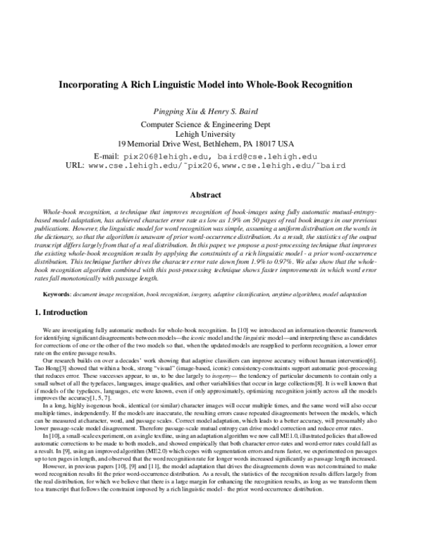 (PDF) Incorporating A Rich Linguistic Model into Whole-Book Recognition