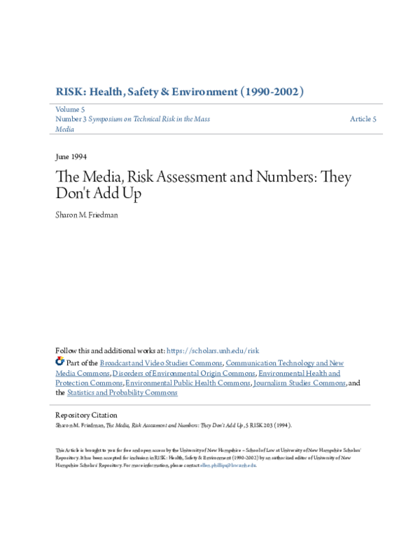 (PDF) The Media, Risk Assessment and Numbers: They Don\u27t Add Up
