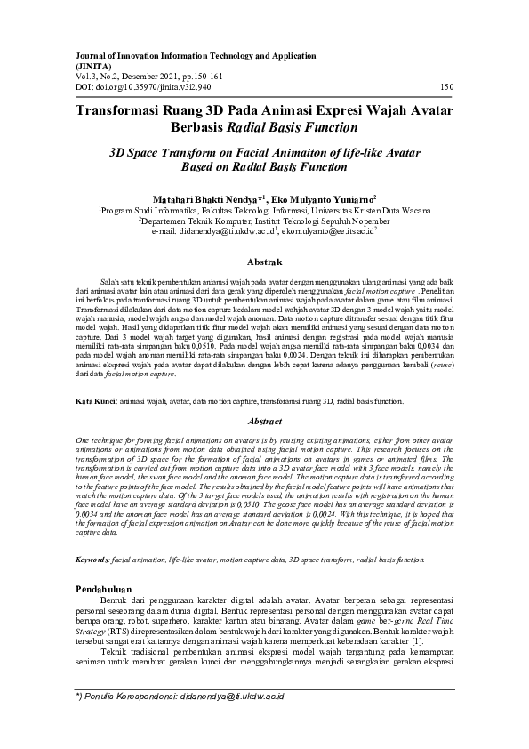 (PDF) Transformasi Ruang 3D Pada Animasi Expresi Wajah Avatar Berbasis Radial Basis Function
