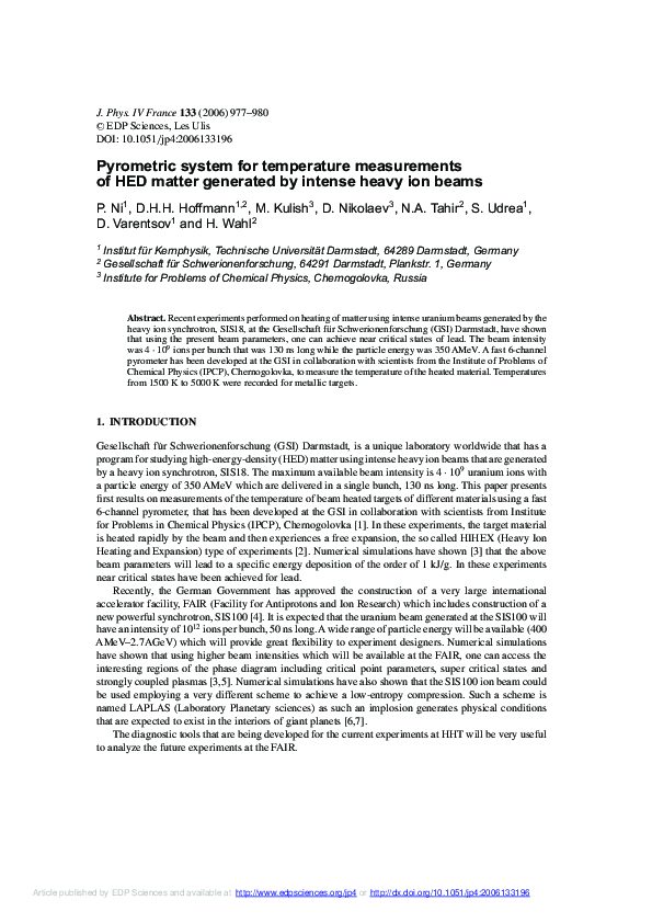 (PDF) Pyrometric system for temperature measurements of HED matter ...