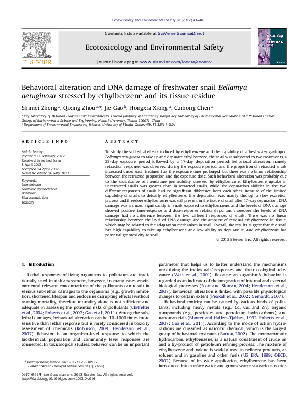 (PDF) Behavioral alteration and DNA damage of freshwater snail Bellamya ...