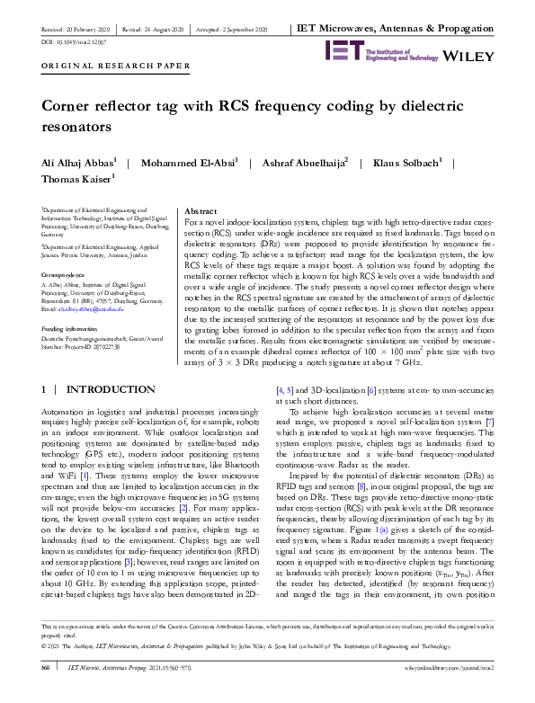 (PDF) Corner reflector tag with RCS frequency coding by dielectric ...