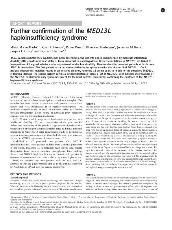 (PDF) Further confirmation of the MED13L haploinsufficiency syndrome