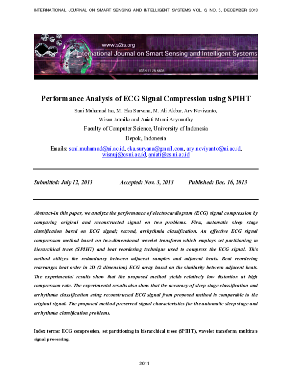 Pdf Performance Analysis Of Ecg Signal Compression Using Spiht