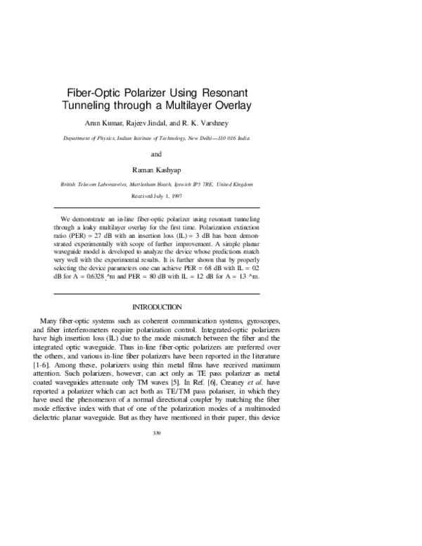 (PDF) Fiber-Optic Polarizer Using Resonant Tunneling through a ...
