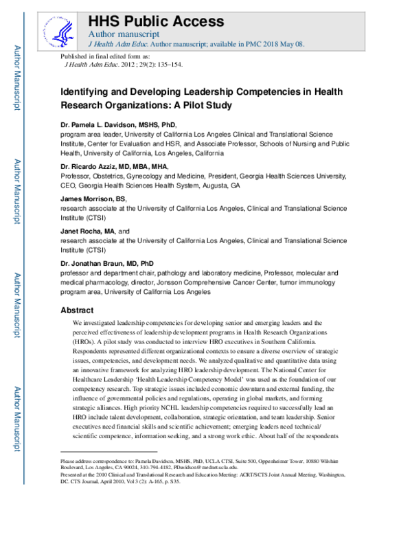 (PDF) Identifying and Developing Leadership Competencies in Health Research Organizations: A ...