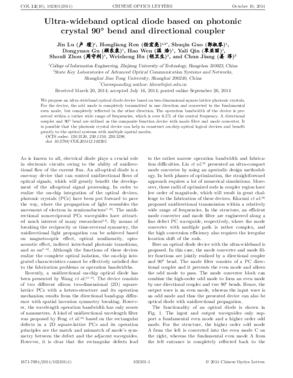 (PDF) Ultra-wideband optical diode based on photonic crystal 90° bend ...