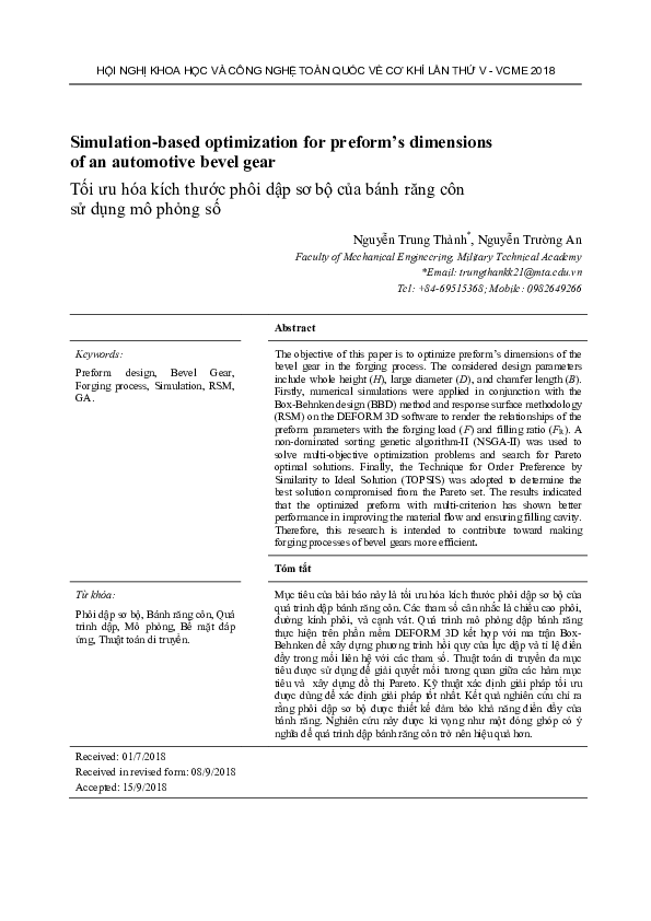 Pdf Simulation Based Optimization For Preform S Dimensions Of An Automotive Bevel Gear