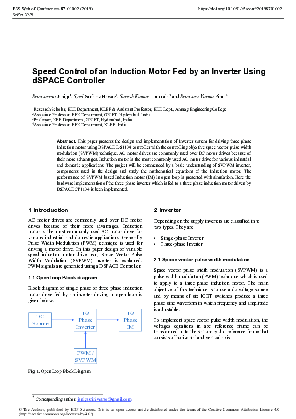 Pdf Speed Control Of An Induction Motor Fed By An Inverter Using Dspace Controller