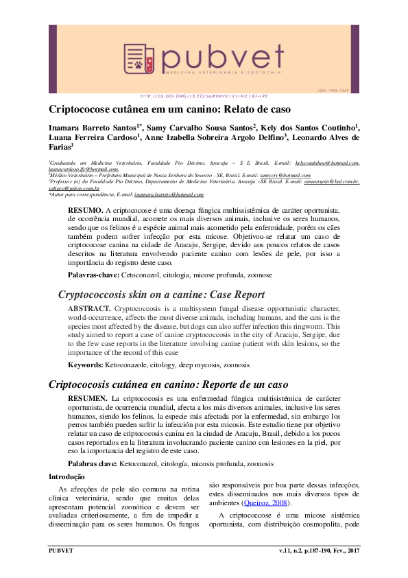(PDF) Criptococose cutânea em um canino: Relato de caso