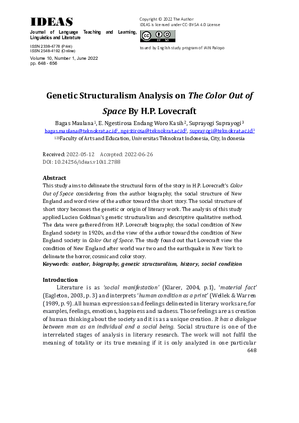 (PDF) Genetic Structuralism Analysis On The Color Out Of Space By H.P ...