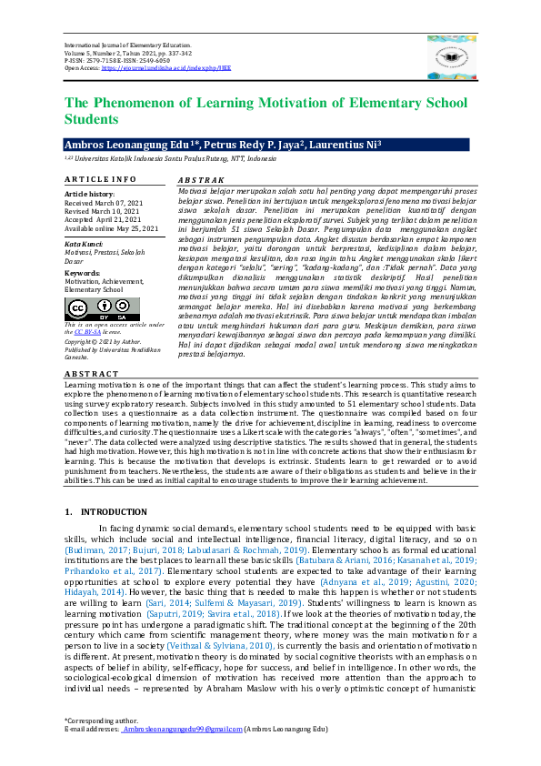 (PDF) The Phenomenon of Learning Motivation of Elementary School Students